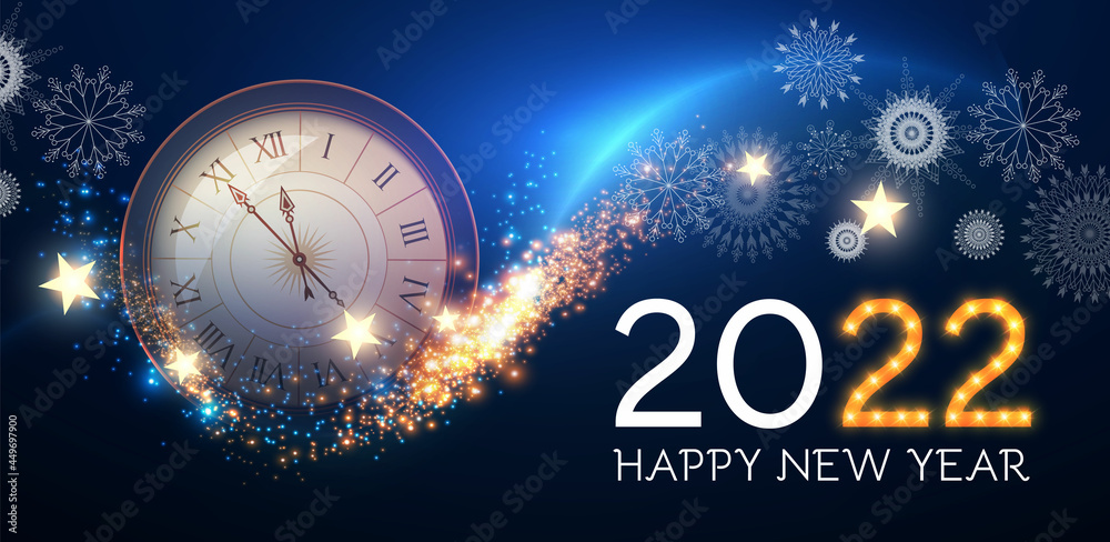 Happy New 2022 Year Background with Clock, Snowflakes and Bokeh Effect ...