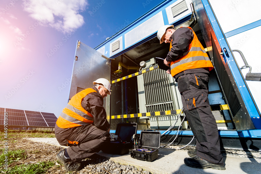 Execution of electrical measuring works on the power transformer Stock ...