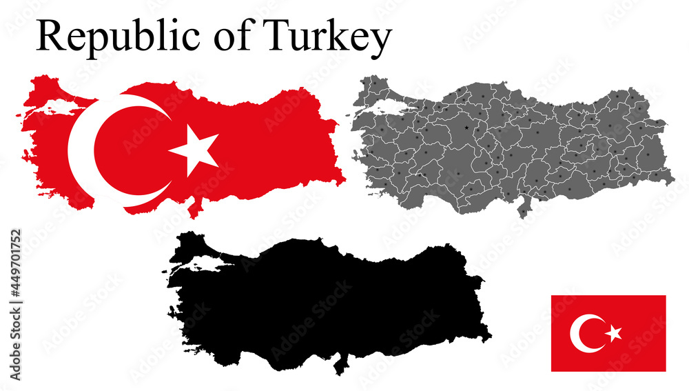 Set of maps of Turkey with regions. Flag on the map. Silhouette of the ...