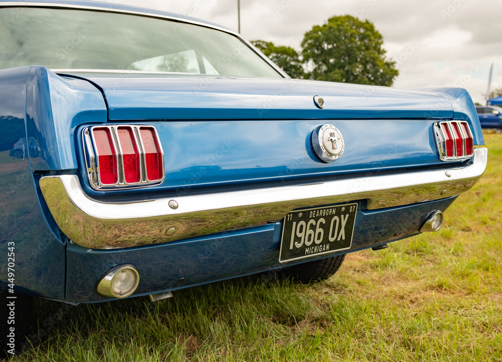 Ipswich, UK – July 2021. Close up and rear view of classic Ford Mustang ...
