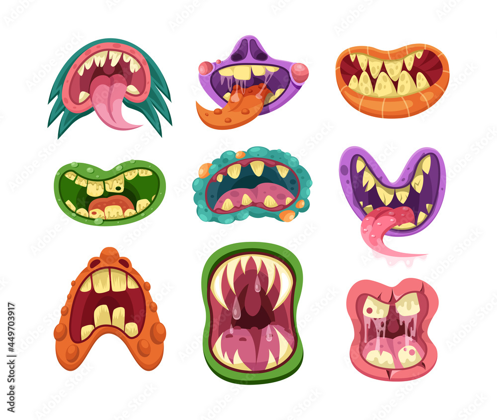 Funny monster mouth set with different expressions. Monstrous emotions ...
