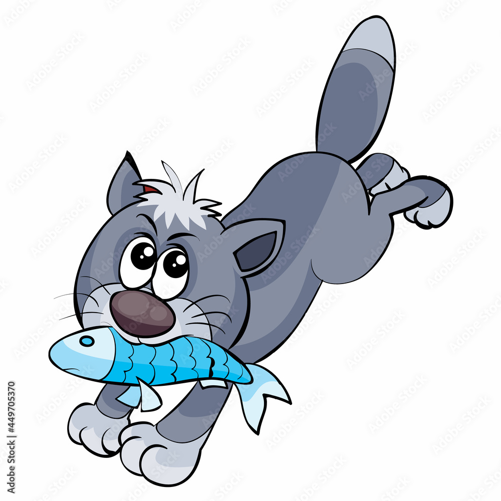 brazen gray cat stole a fish and runs away with it, cartoon ...