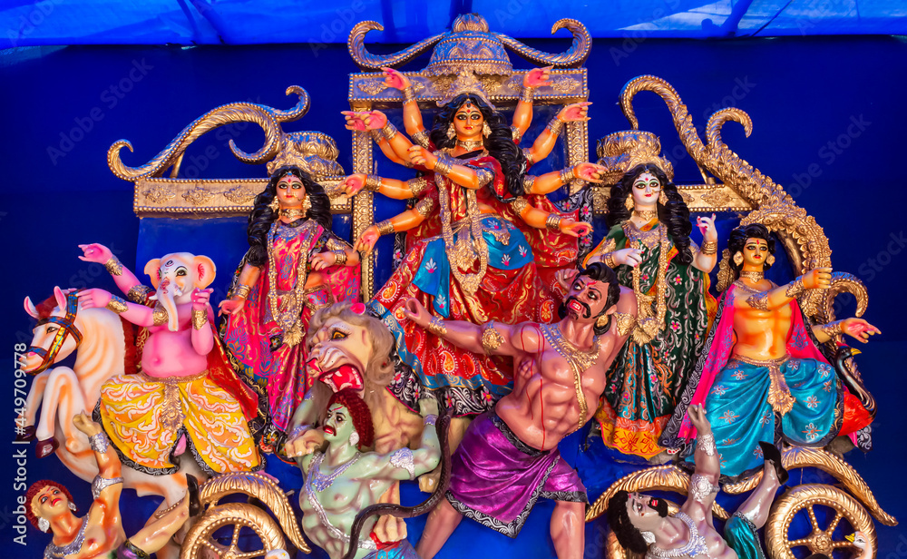 Idols of Hindu Goddess Maa Durga with her childrens during the Durga ...