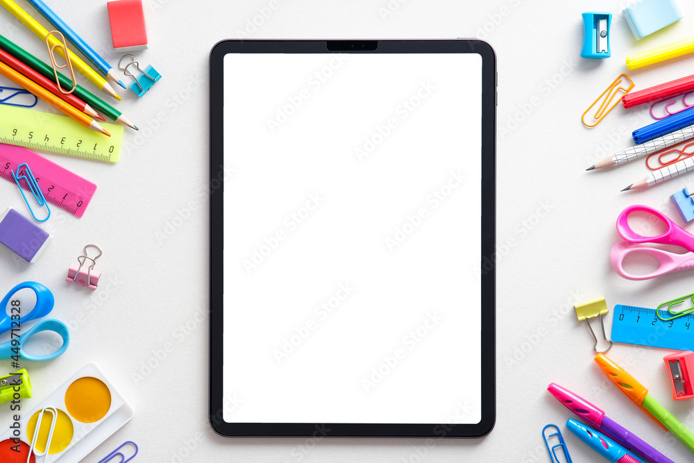 Back to school, online education concept. Tablet mockup with blank ...