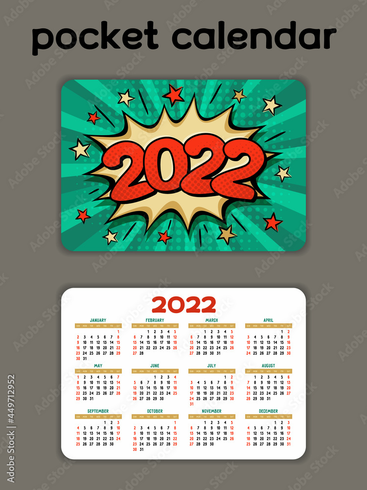 2022 Pocket Calendar template with comic picture. 12 months yearly ...
