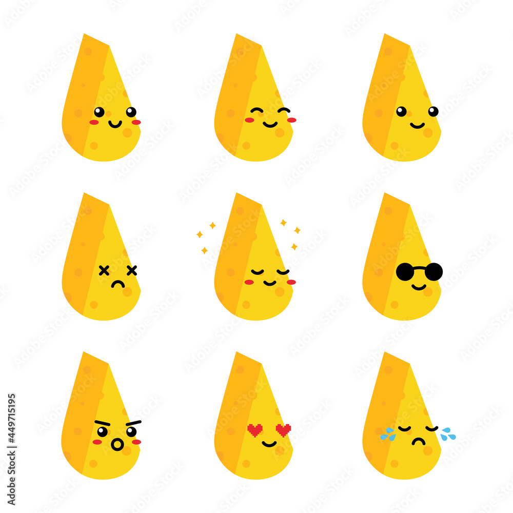 Set, collection, pack of cheese emoji, vector cartoon style icons of ...