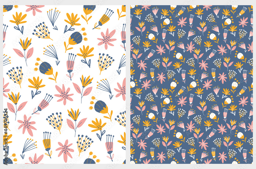 Cute Hand Drawn Floral Vector Patterns with Funny Abstract Twigs ...