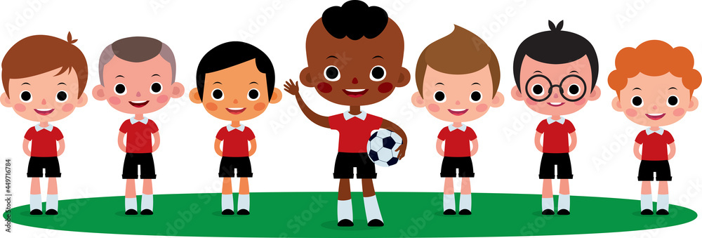 Children football team of boys in soccer uniform. Group of kids soccer ...