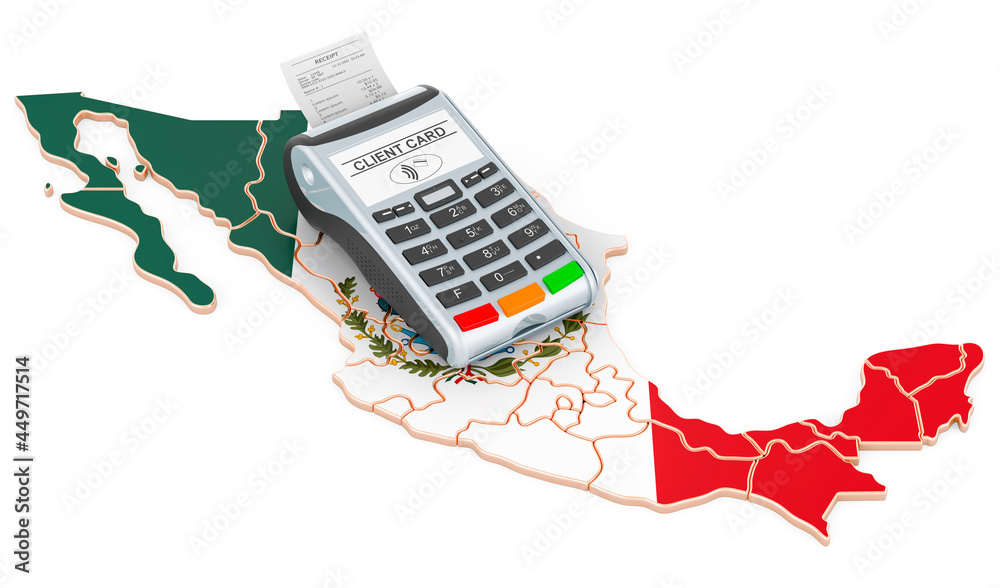 Mexican map with POS terminal. Cashless payments in Mexico concept. 3D ...