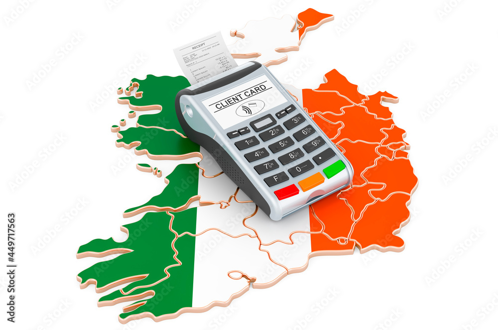 Irish map with POS terminal. Cashless payments in Ireland concept. 3D ...