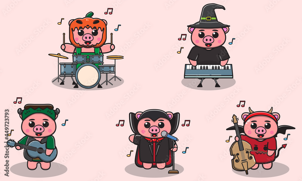 Vector illustration of Pig Halloween. Pig with costume play a musical ...