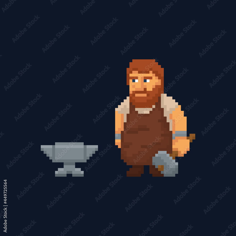 Pixel art character - blacksmith with hammer and anvil Stock Vector | Adobe Stock