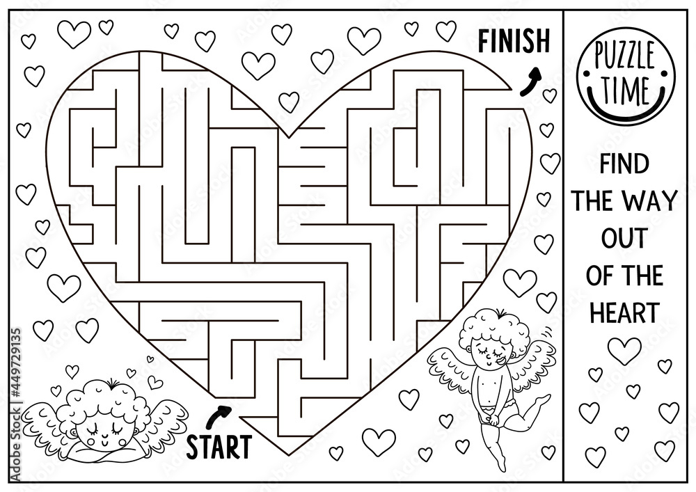 Saint Valentine day black and white maze for children in heart shape ...