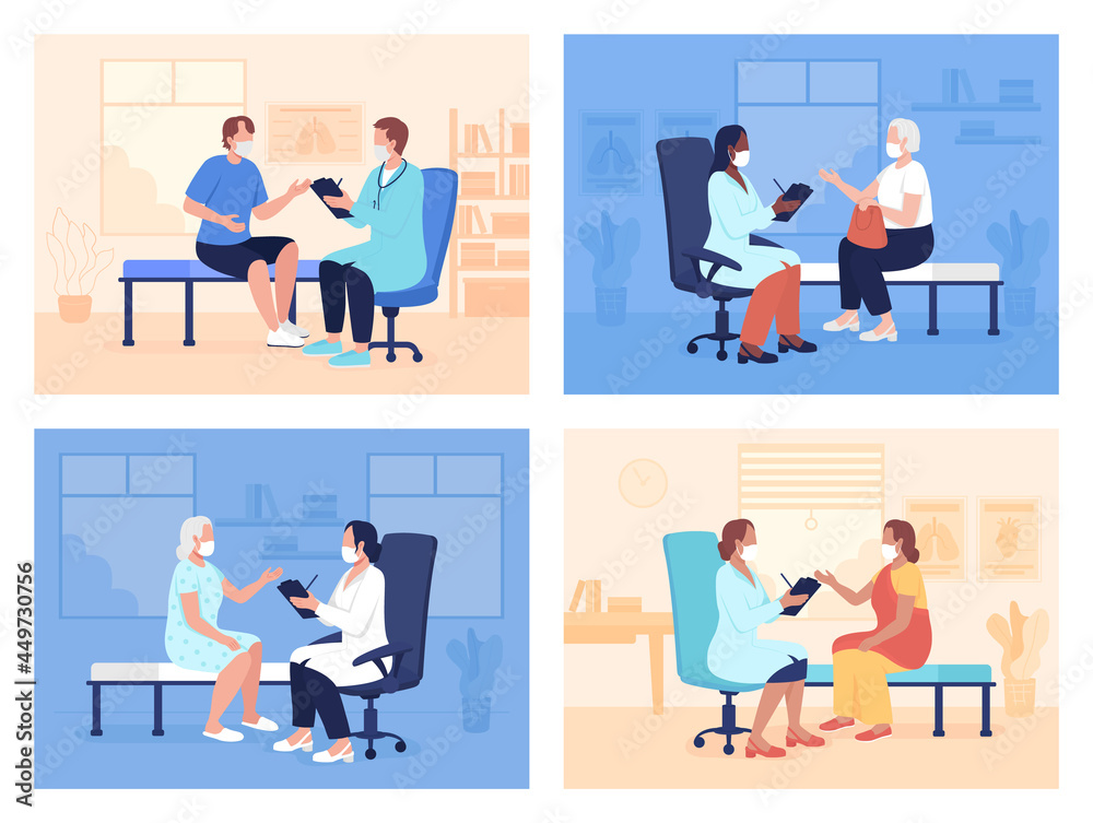 Routine doctor appointment flat color vector illustrations set ...