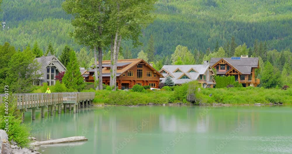 Establishing shot. Neighbourhood of luxury houses with big trees and ...