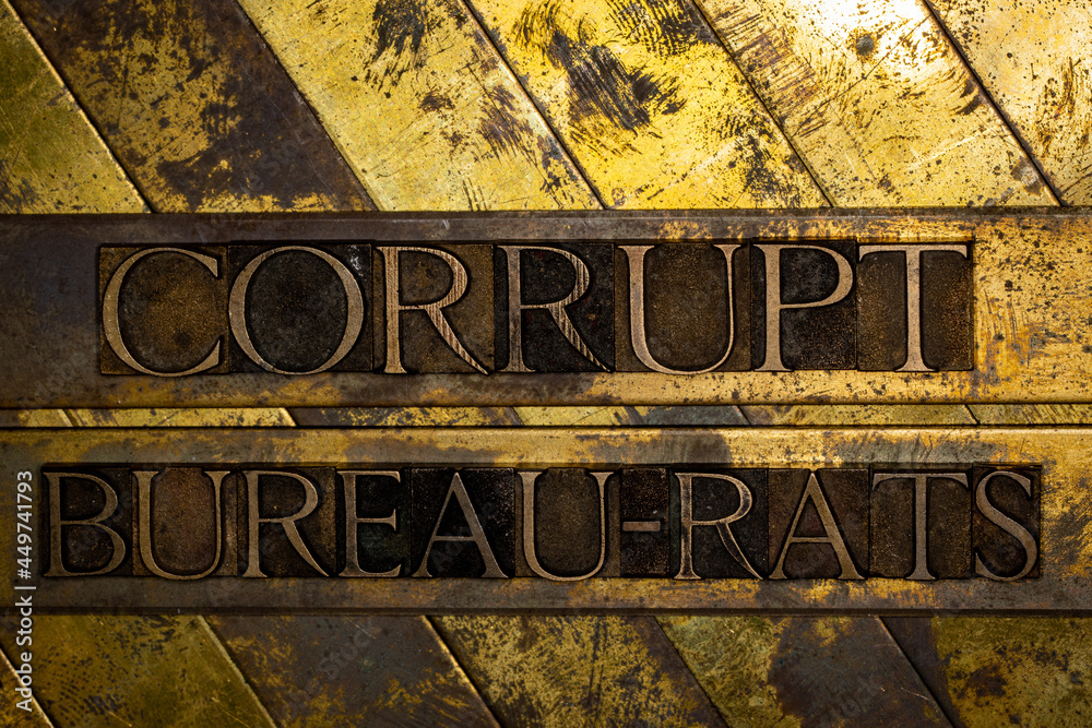Corrupt Bureau-Rat text on grunge textured copper and gold background ...
