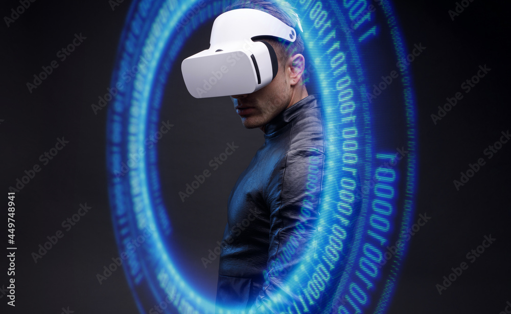 Man on dark virtual reality background. Guy using VR helmet. Augmented ...