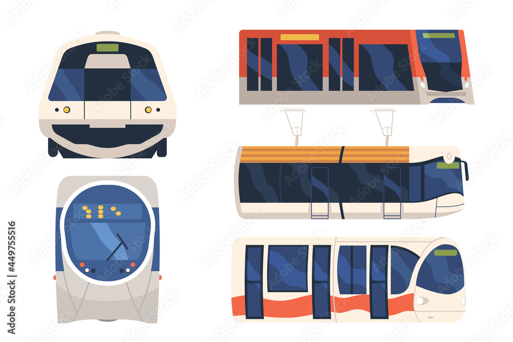 Set Train, Tram, Metro Front and Side View Isolated Transport. Urban ...