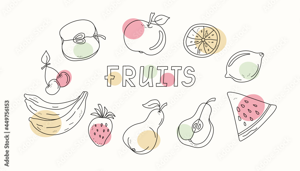 Set of abstract fruits. Line art style. Doodle drawings with colored ...