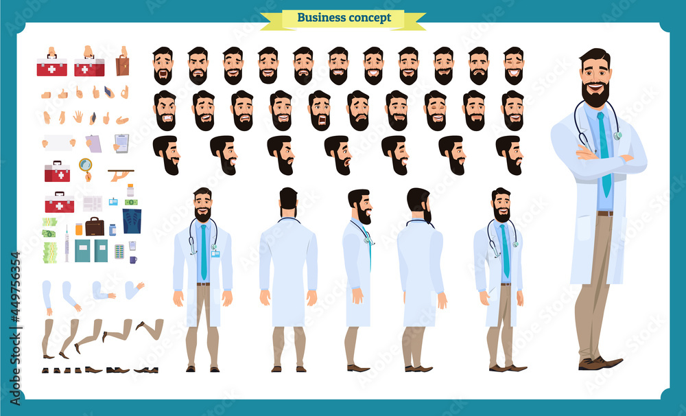 Front, side, back view animated character. Doctor character creation ...