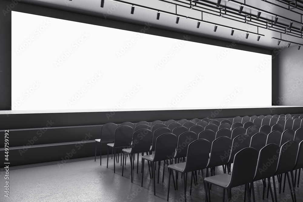 New grey auditorium with seating and empty screen with mock up place ...