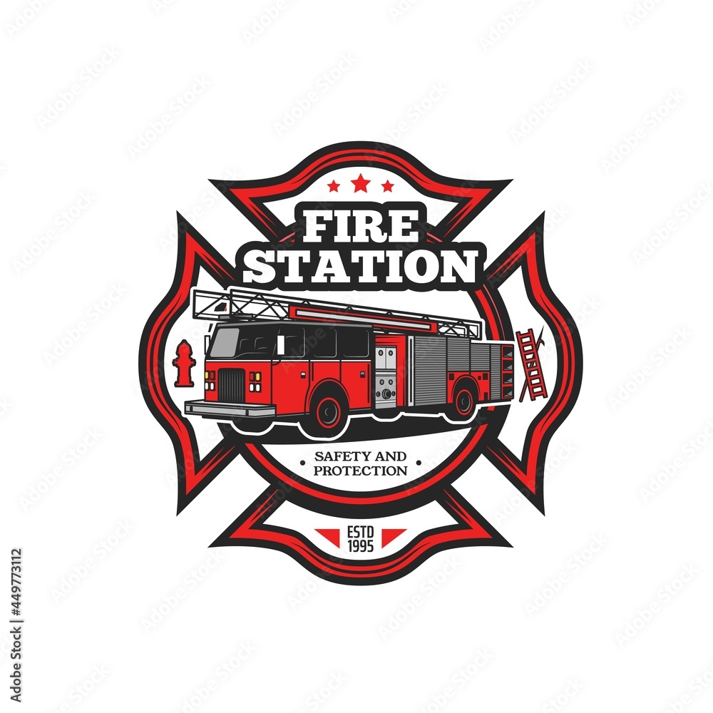Firefighting symbol vector icon with fire truck and firefighter ...