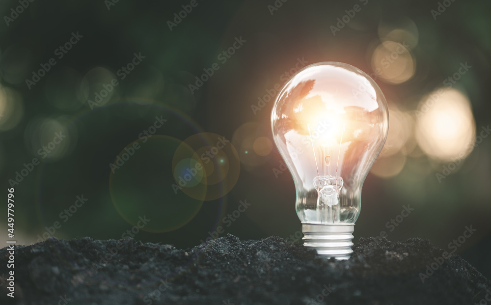 Light bulb glowing in soil as idea or energy concept, eco, green power ...