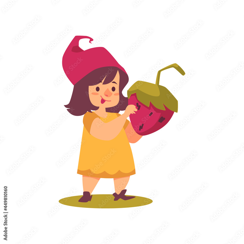 Cute tale funny cartoon girl gnome with strawberry in hands a vector ...