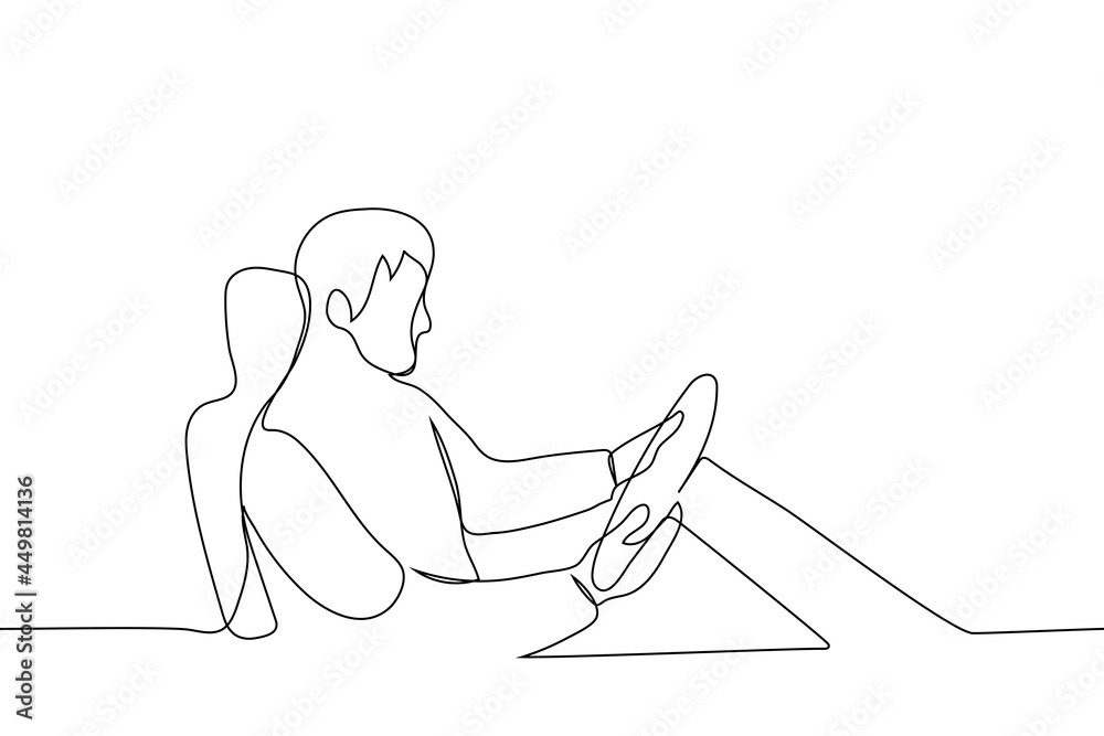 man sitting in a chair and holding a steering wheel - one line drawing ...