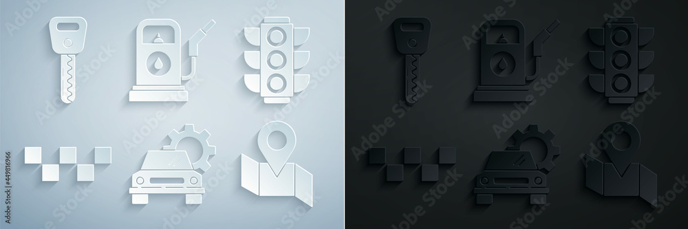 Set Car service, Traffic light, Taxi car roof, Folded map with location ...