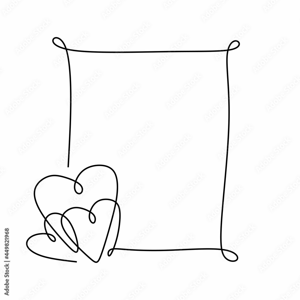 Border frame with heart line drawing. Continuous one line minimalist ...