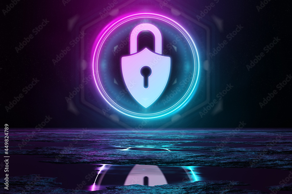 Digital cyber security holographic icon illuminating the floor with ...