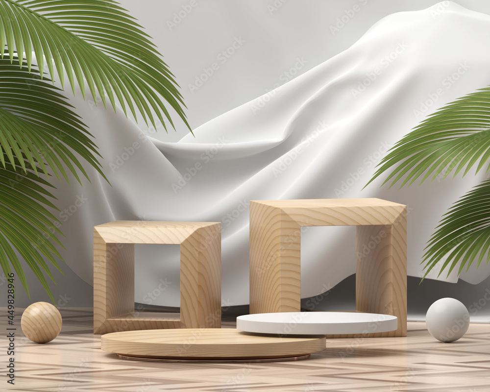Abstract wooden platform podium showcase for product display with palm ...