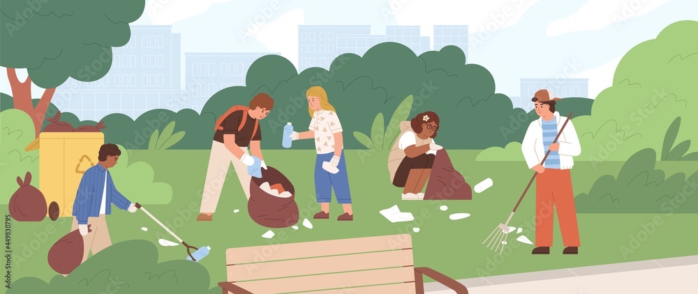 Vettoriale Stock Children cleaning park from garbage. Group of kids ...