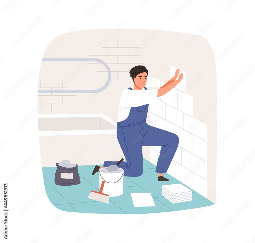 Worker laying and attaching ceramic wall tile in bathroom. Professional ...