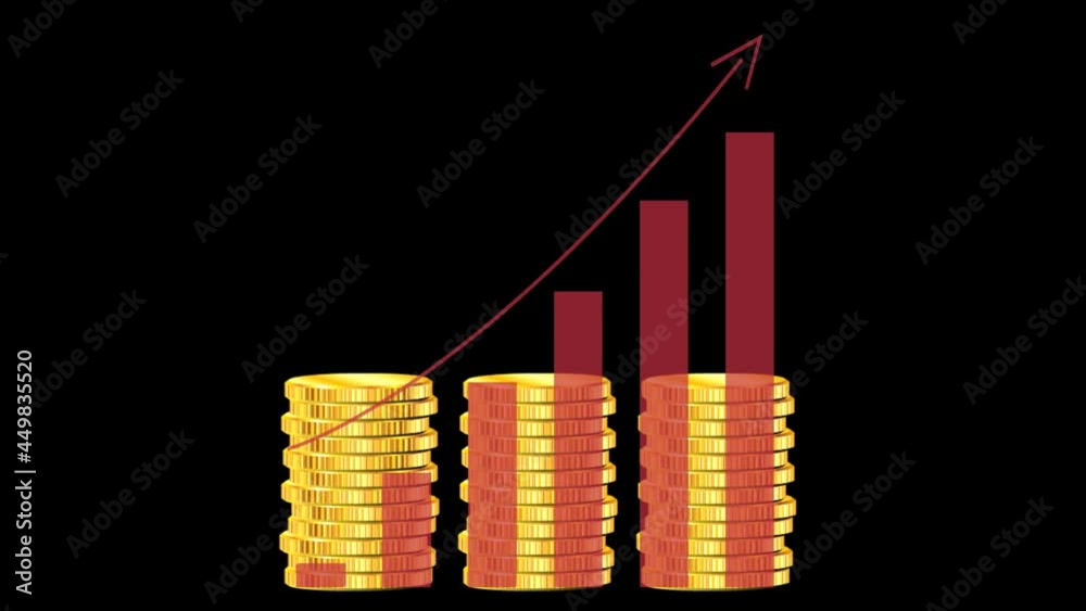 A success chart and golden stacks of shining coins. Animation on a ...