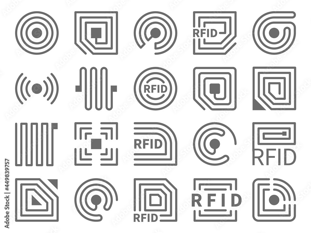 Rfid icons. Electronic readers technology, different forms, near field ...