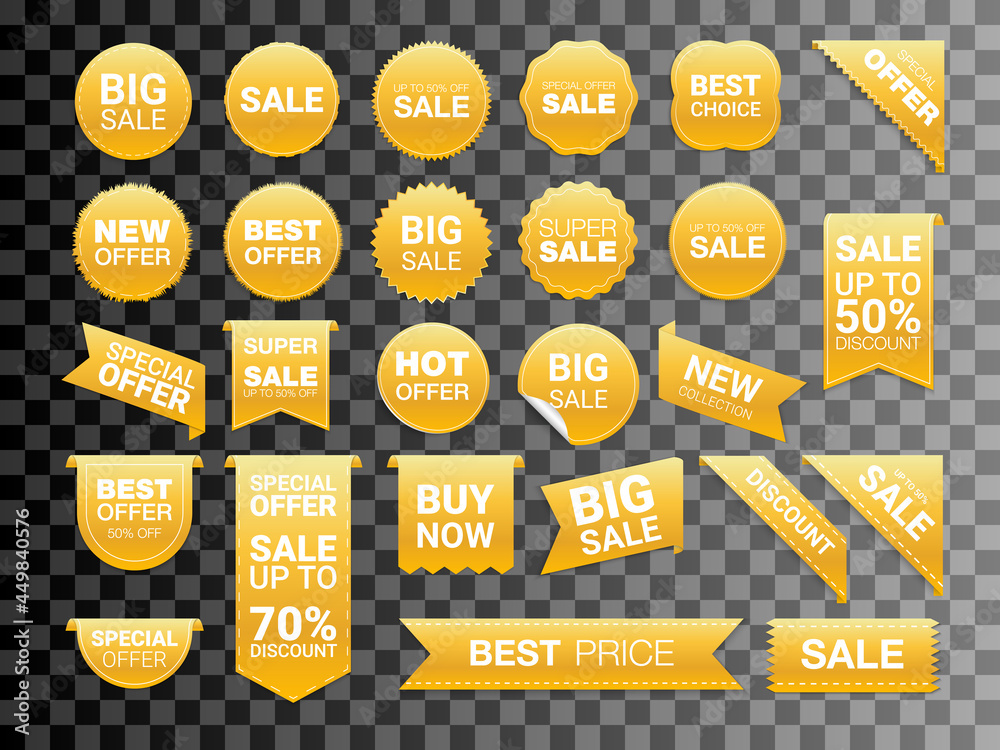 Vector gold labels isolated on white background. Sale promotion ...