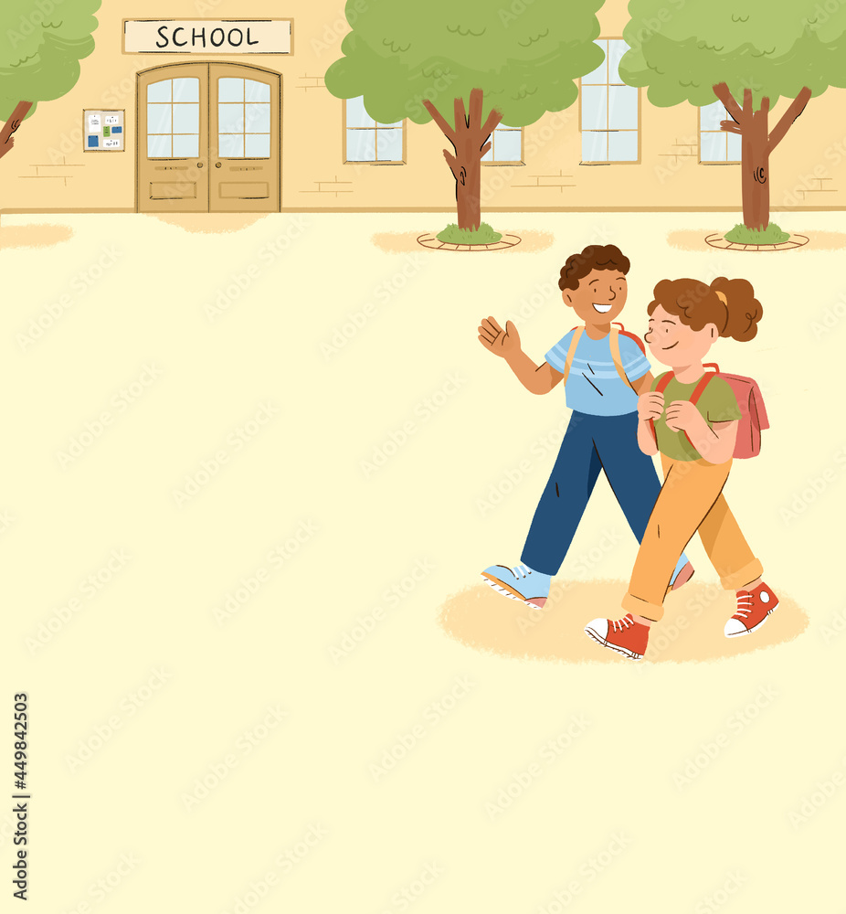 Two children going to school, primary school with students, kids going ...