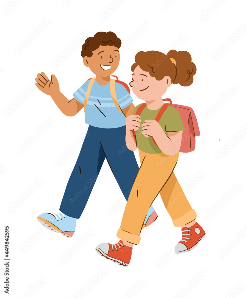 Two children going to school, primary school with students, kids going ...