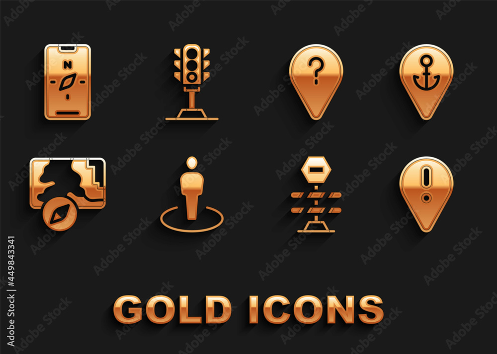 Set Location with person, anchor, exclamation mark, Road barrier, City ...