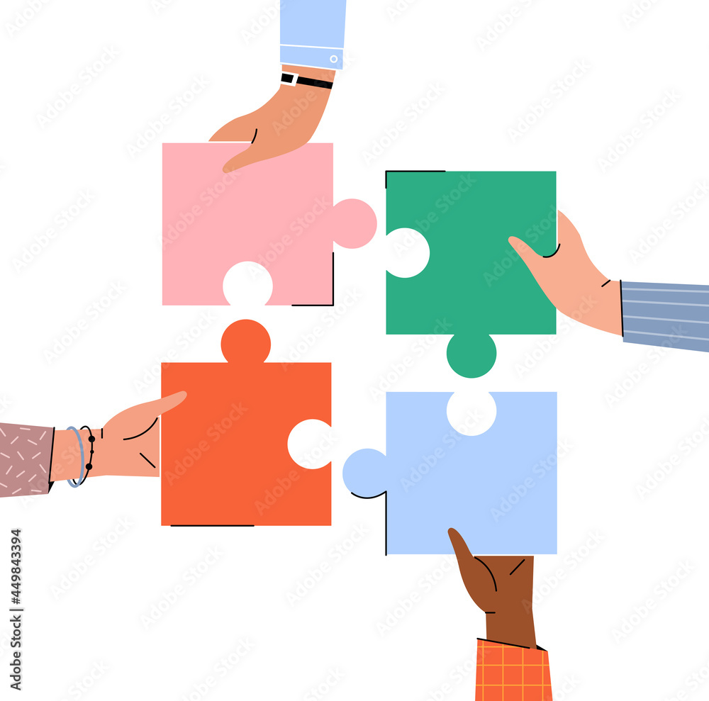 Teamwork metaphor. People's hands connecting puzzle pieces.Partnership ...