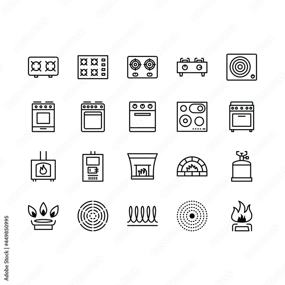 Stove flat line icons set. Contains such Icons Burner, Oven, Cooker ...