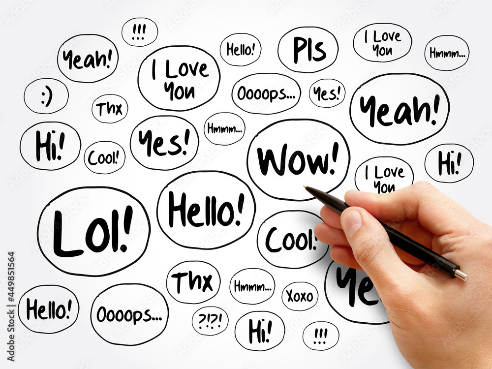 Most common used acronyms and abbreviations speech bubbles, word cloud ...