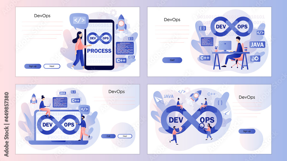Vetor de DevOps concept. Tiny programmers practice of development and software operations ...