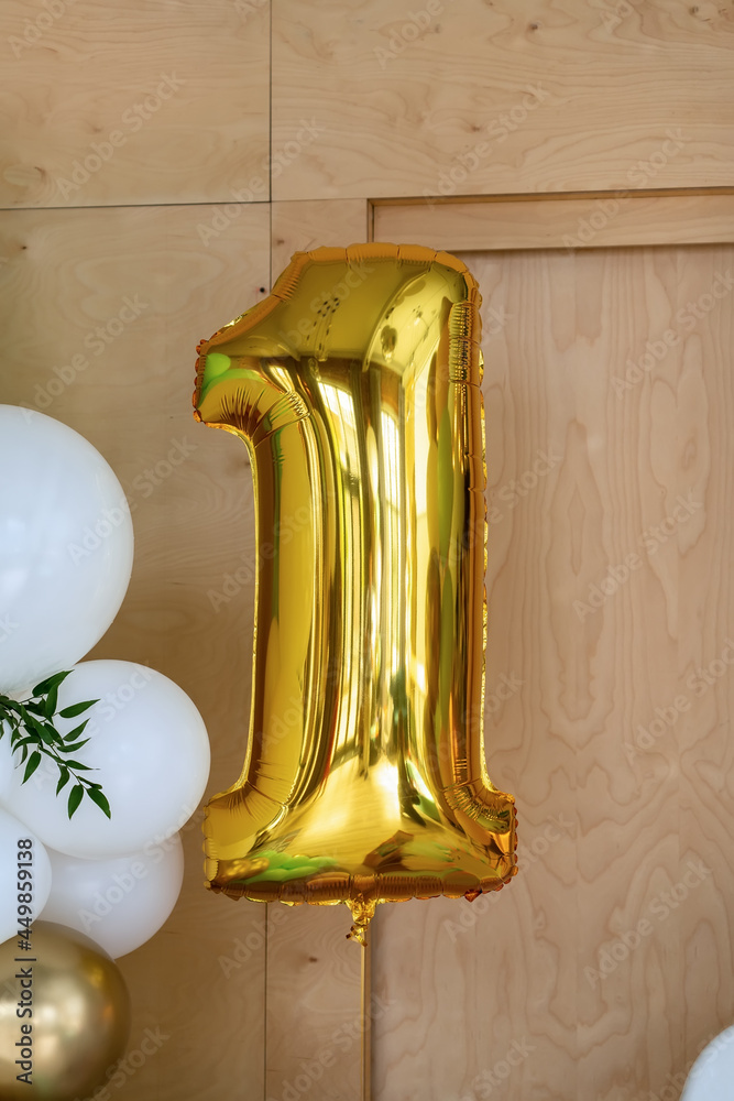 Number one party celebration room with gold balloon. Concept of ...