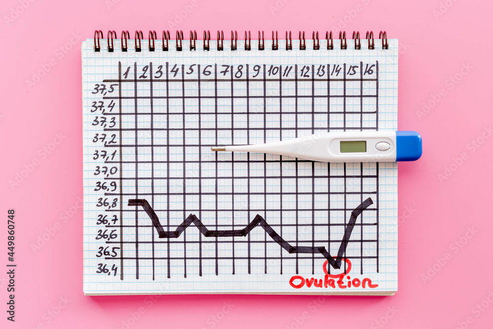 Basal ovulation temperature chart with thermometer, top view Stock ...