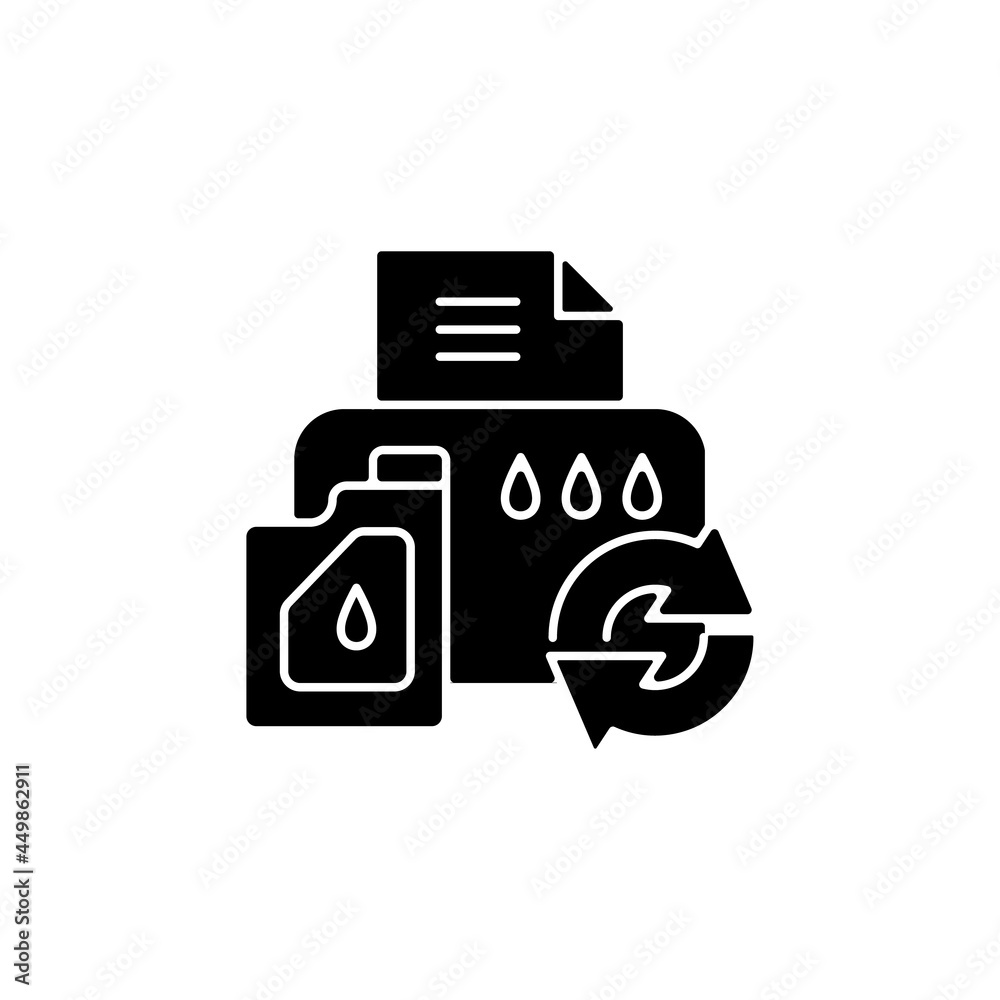 Printer cartridge refill black glyph icon. Reusable ink container for ...