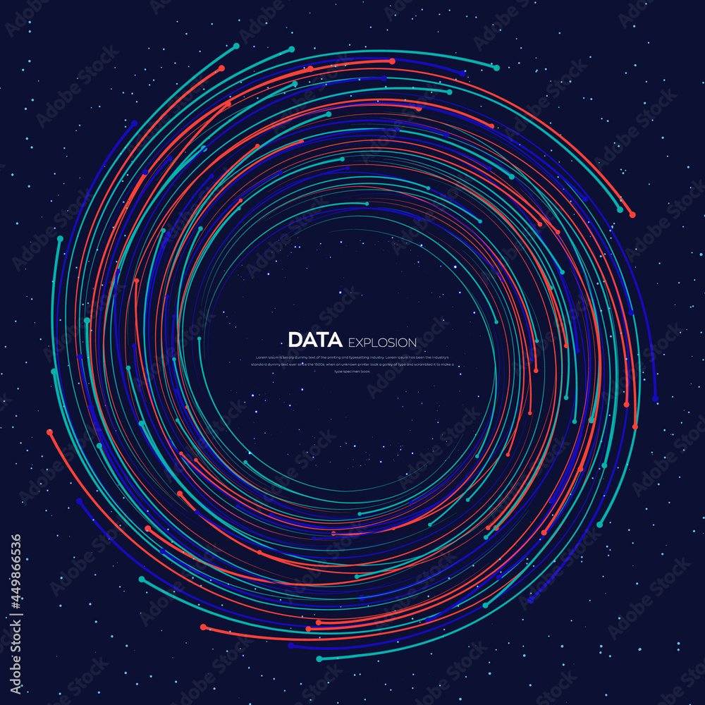 Evolution of data. Vector explosion colorful dot lines background. Data ...