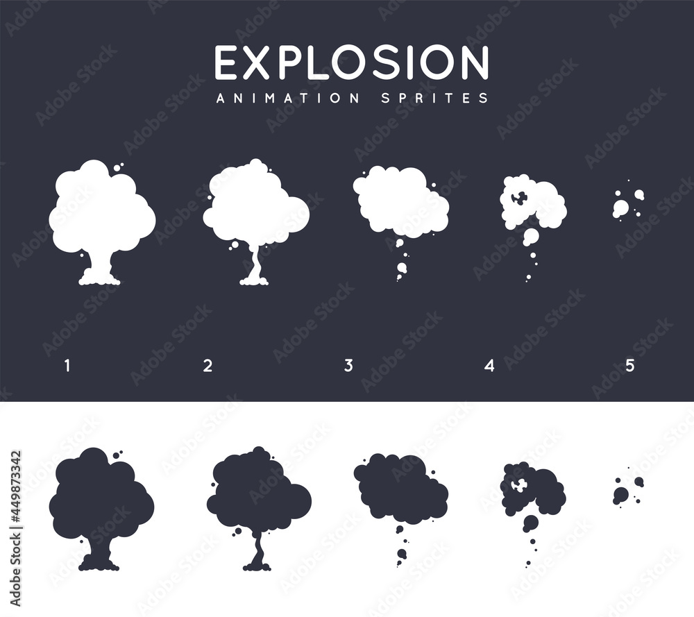 Vector explosion. Explode effect animation with smoke. Cartoon explosion frames. Sprite sheet of ...